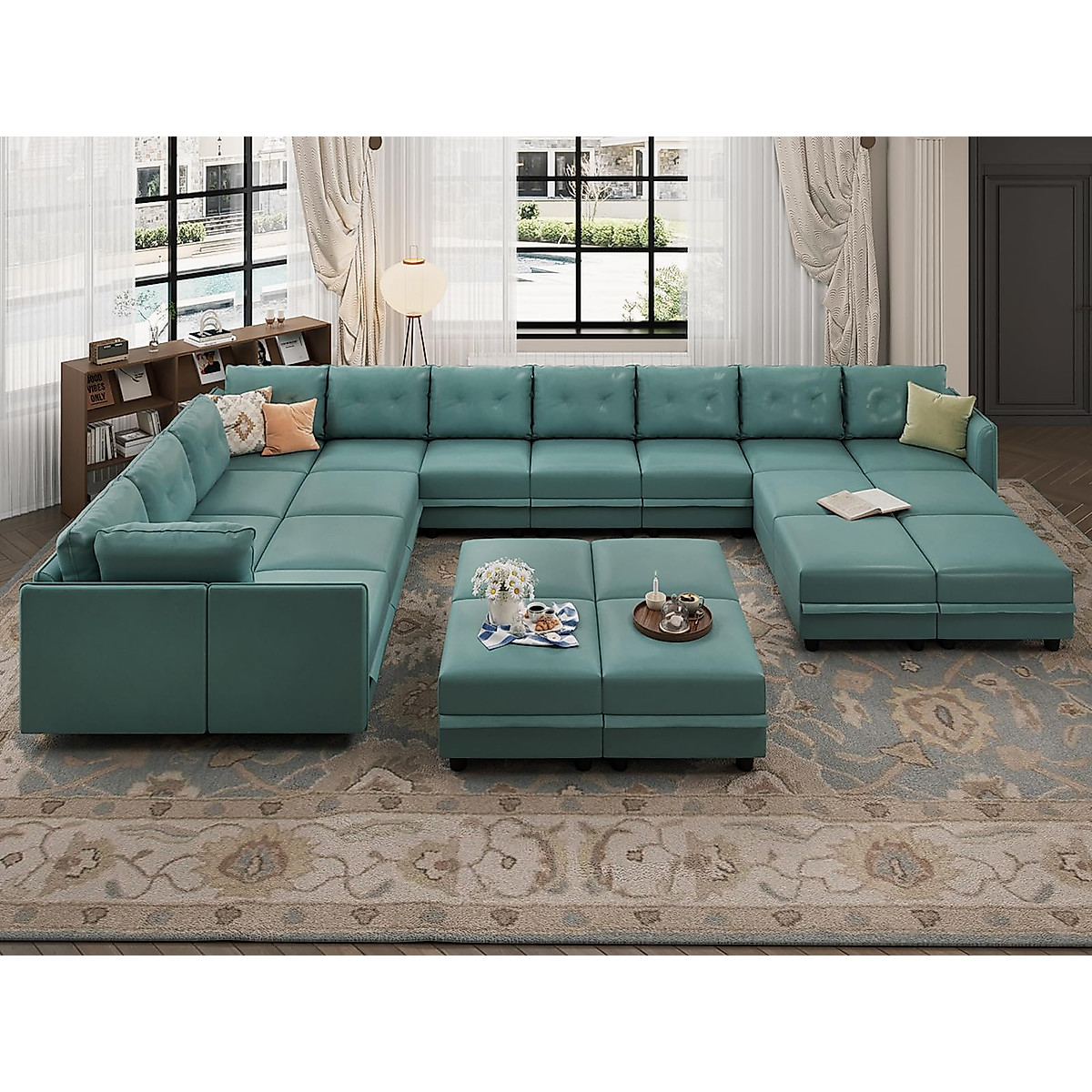 LLappuil Oversized Modular Sofa 21 Seater Sectional Couch with Storage, Large Faux Leather Fabric Waterproof U Shaped Sectional Couch for Living Room, Aqua Blue