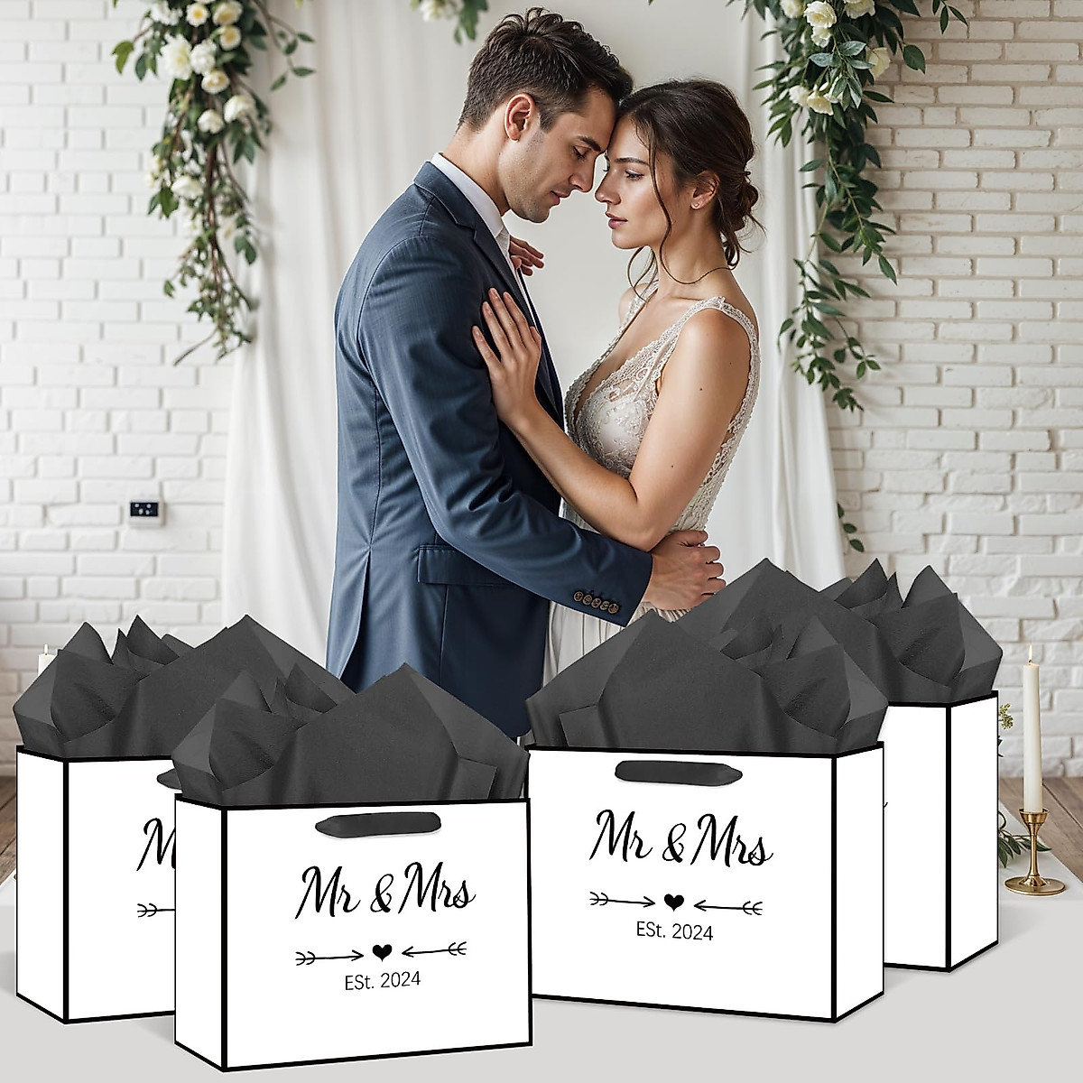 EST 2024 Wedding Gifts Bag Bridal Shower Gift Bags White Black Mr & Mrs Gifts Bag with Tissue Paper and Card Christmas Wedding Gift Wrapping Paper Bag Bridal Anniversary Wedding Shower Gift Bag