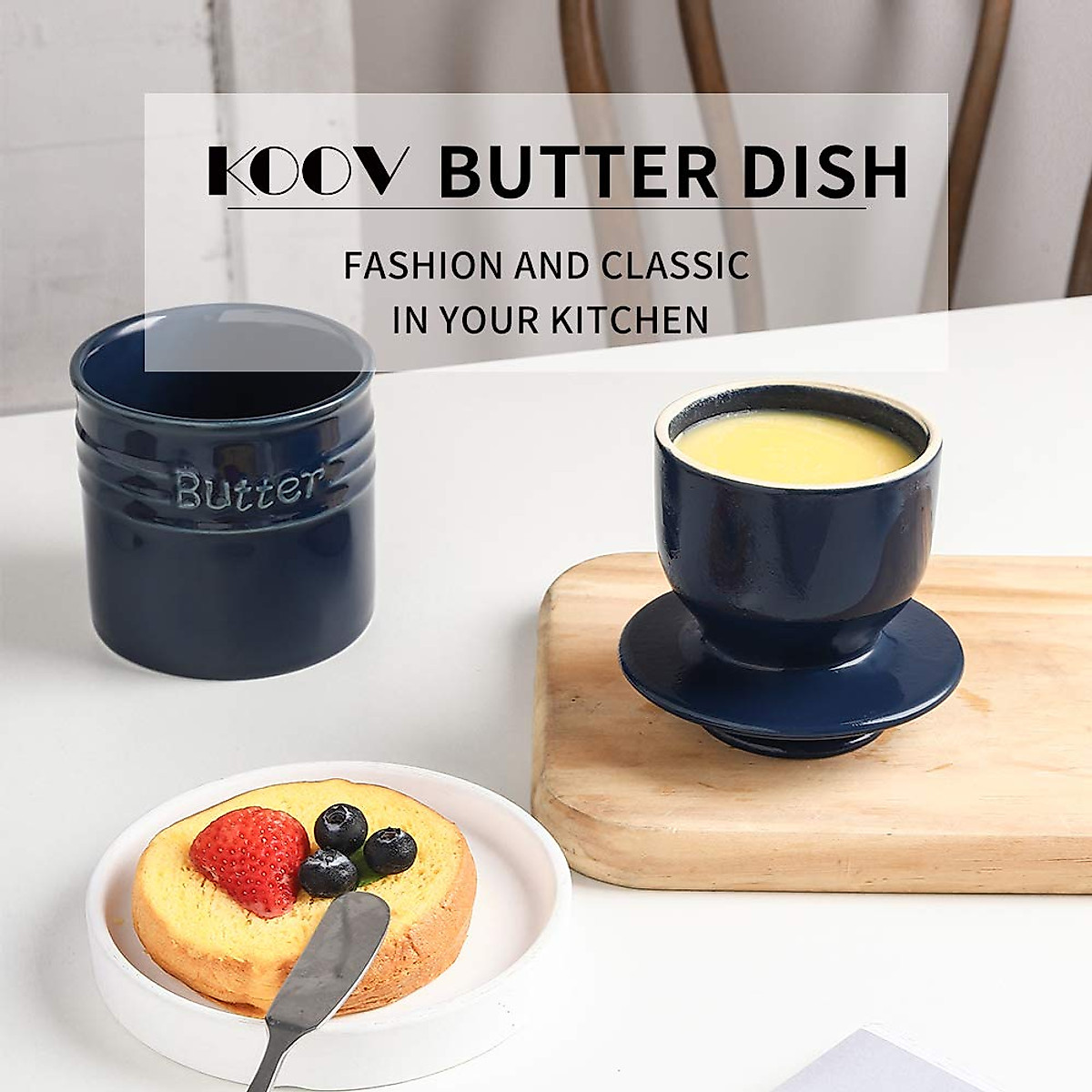 KOOV Porcelain Butter Crock, French Butter Dish, Ceramic Butter Keeper for Counter, Big Capacity, Elegant Blue Collection (Aegean)