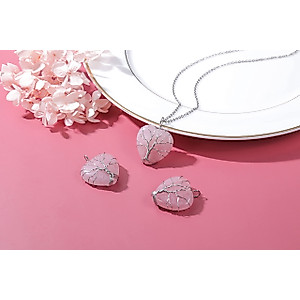 Top Plaza Natural Rose Quartz Healing Crystal Necklace Silver Life Tree Wire Wrapped Heart Shape Stone Pendant for Women Ladies Mothers Day Gifts