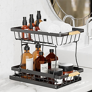 RAOHEVU Under Sink Organizers and Storage, Sliding Under Cabinet Organizer, 2 Tier Bathroom Under Sink Organizer for Kitchen with Wooden Handle