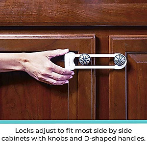 Toddleroo by North States Sliding Cabinet Locks | Keep Side by Side cabinets Safely and securely Closed | Works on Cabinet Handles up to 4.5" Apart | Baby proofing with Confidence (3-Pack, White)