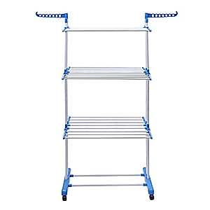 DOONARCES 4-Tier Gray Foldable Clothes Drying Rack Rolling Dryer Hanger Stand Outdoor Washing Line Clothes Dryer Storage Rack with 6 Retractable Trays&2 Side Wings, Bedroom Balcony Use (Blue)