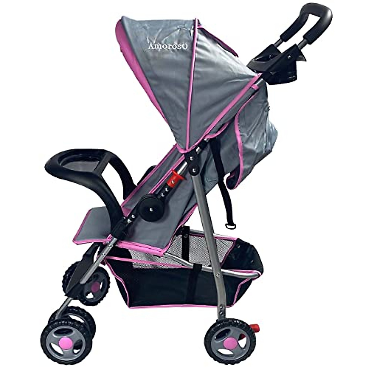 AmorosO Single Stroller - Baby Stroller with Four Wheels - Lightweight Stroller - Convertible Stroller with Extra Storage Space - Foldable Stroller with Sun Protection Hood Cover (Pink/Grey)