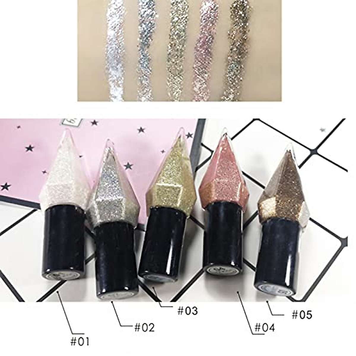 Erinde Liquid Glitter Eyeliner Colorful Set - 5 Colors Metallic Shimmer Silver White Gold Diamond Eye Liner, Long Lasting Glow Eyeliner Eye Shadow, Glittering Eyeliner Korean Makeup Make Eyes Sparkle