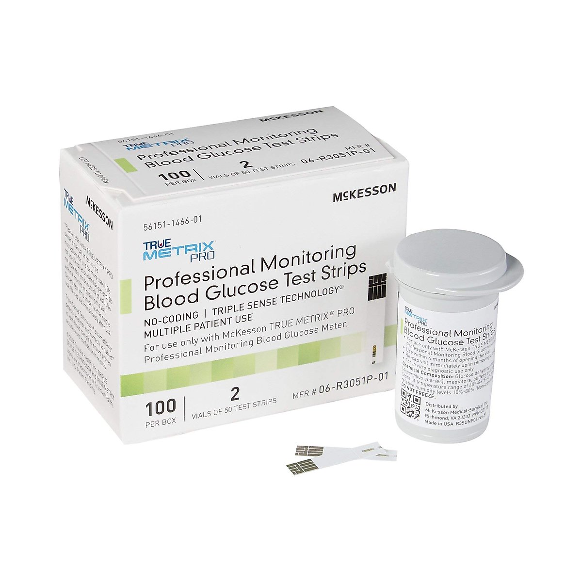 McKesson TRUE METRIX PRO Professional Monitoring Blood Glucose Test Strips - No Coding, Triple Sense Technology, Multiple Patient Use - Vials of Strips, 100 Strips, 1 Pack