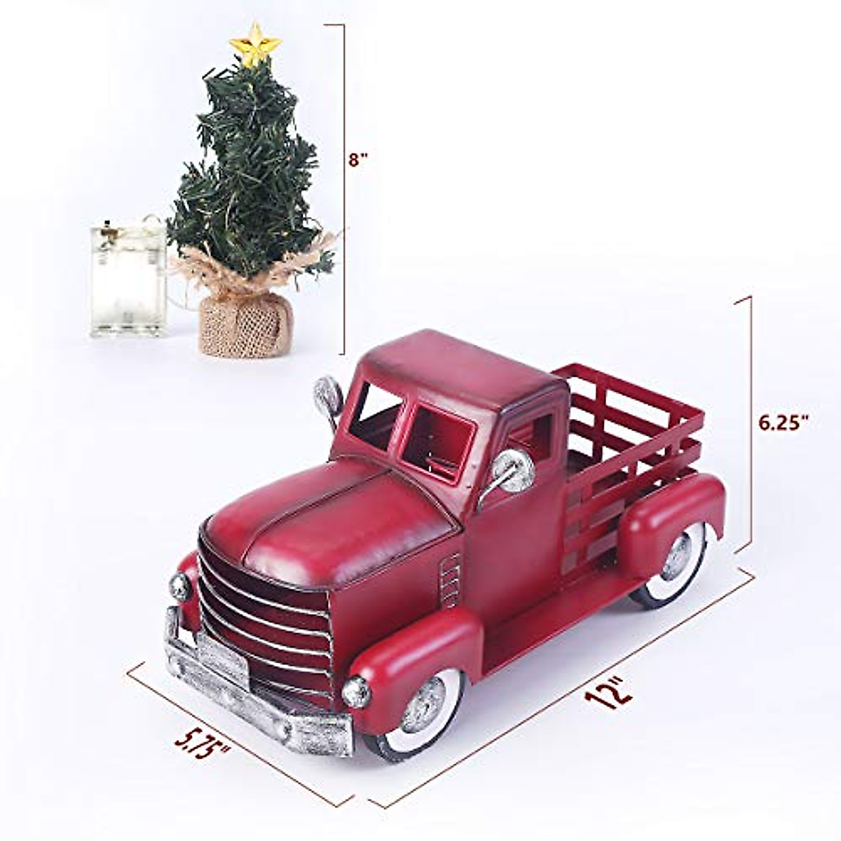 Pylemon Vintage Red Truck Christmas Decor with a Lit-up Removable Christmas Tree Wrapped Around by LED Lights String, Farmhouse Metal Pickup Truck Decor, Great Gift for Holiday Decorations