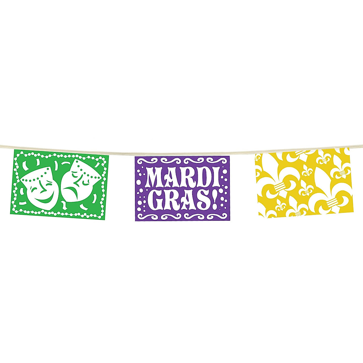 Beistle Weather Plastic Picado Style Pennant Banner Mardi Gras Photography Background Party Decorations New Orleans Hanging Décor, 8" x 12', Green/Yellow/Purple