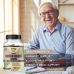 Happi Mi Nutrition Ginkgo Biloba 1800mg, Ginkgo Biloba Organic, Memory & Brain Function Support, Improves Concentration and Cognitive Support, Clarity, 120 Veggie Caps, Non GMO, 120Caps