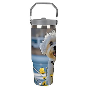 WITHSBKK 30oz Car Cup Maltese Dog Printed with Portable, Stainless Steel Travel Mug, Vacuum Insulated Tumbler And Straw, Leakproof for Car & Outdoor, UV Printed Design