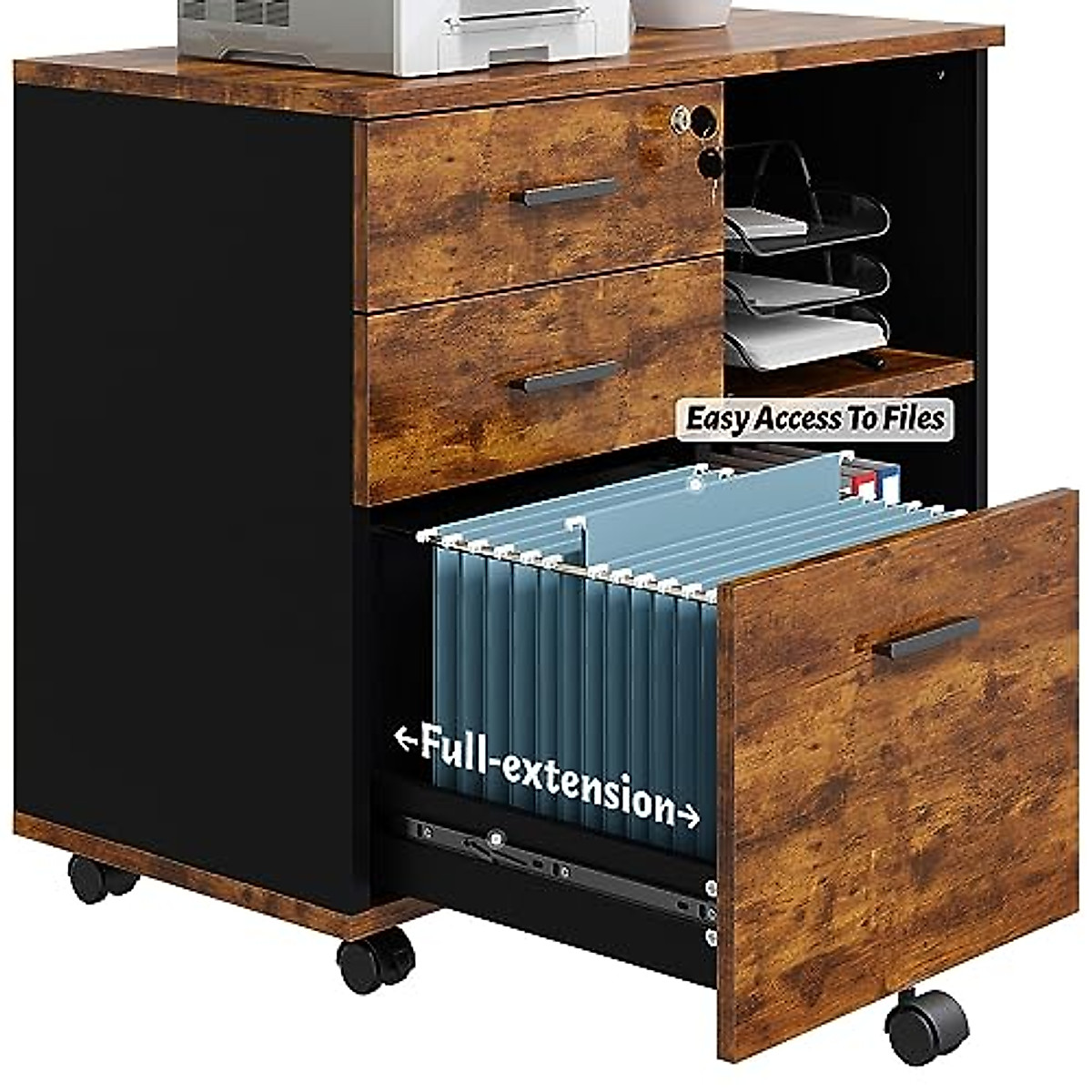 Wood File Cabinet, 3 Drawer Mobile Lateral Filing Cabinet On Wheels, Printer Stand with Open Storage Shelves for Home Office (Wood)