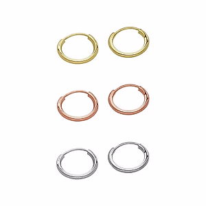 3 Pair Set 14k Gold Endless Hoop Earrings, 10mm (tri-color-gold)
