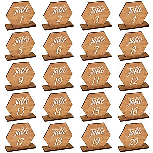 20 Pieces Wooden Table Numbers 1-20 Wedding Table Numbers Hexagon Shape Rustic Wooden Numbers with Holder Base for Wedding Event Party Decoration