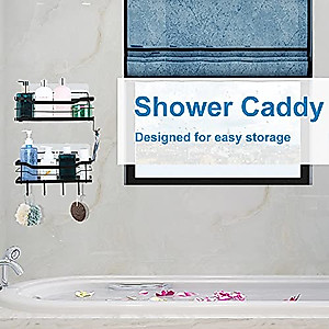 Shower Shelf Inside Shower Shower, Stylish Adhesive Shower Organizer Caddy Hanging +6 Movable Hooks, Stainless Steel No Drilling -Black, 2 Pack