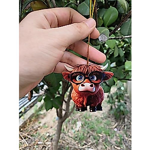 Cartoon Cow Decorative Hanging Ornament for Cars Backpacks Cute Acrylic Highland Cow Pendants Christmas Tree Decorations (Non-3D 10pcs cows, 8.5cm/3.35inch)