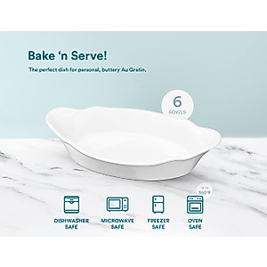 Au Gratin Baking Dishes, Ceramic, Kook, for Casseroles, Lasagna & Cobblers, Individual Serving, Set of 6, Oven, Microwave & Dishwasher Safe Bakeware, oz, White
