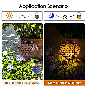 Bownew Outdoor Hanging Solar Lantern Outside Waterproof Metal Solar Powered Lights Decor for Garden Patio Deck Lawn Pathway Yard Porch Balcony Tabletop and Tree