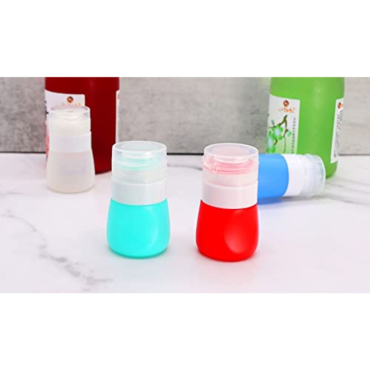 Timiuu Squeeze Salad Dressing Bottles with Cleaning Brush | Portable Sauce Bottle Condiment Bottles | Dressing to Go for Lunch | 1.3 OZ, Set of 4 | Food-grade Silicone, BPA Free