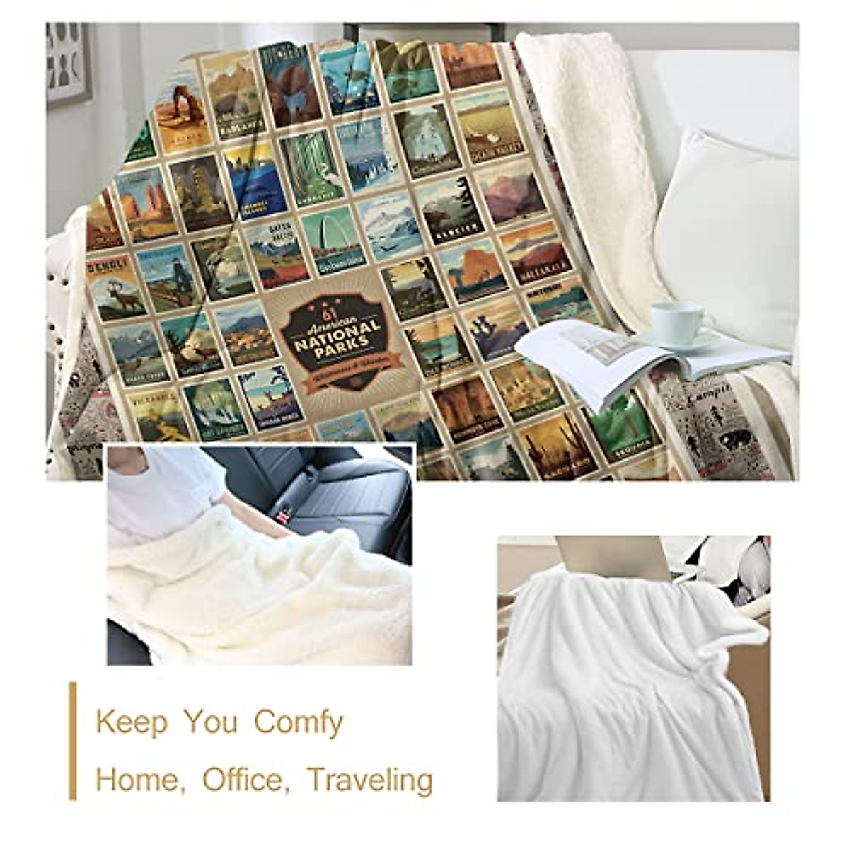 Sleepwish US National Parks of America Luxury Sherpa Blanket List Vintage Fluffy Microfiber Fleece Throw Retro National Parks Lightweight Bed Couch Blankets (Throw 50"x60")