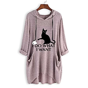Gesaofa I Do What I Want Cat Graphic Hoodies for Women Irregular Hem 3/4 Sleeve Cat Ear Hooded Tunic Tops with Pockets Women Tunic with Cat Hoodies Tunic with Cat Ear Hoodies Cat Ears Pink Hoodies