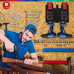 Riuog Wall Mount Bracket for Bosch GAL 1880 CV and GAL 18V-20 Charger, Metal Black Rugged 4 Battery Holder and 3 Charger Holder for Tool Room and Garage