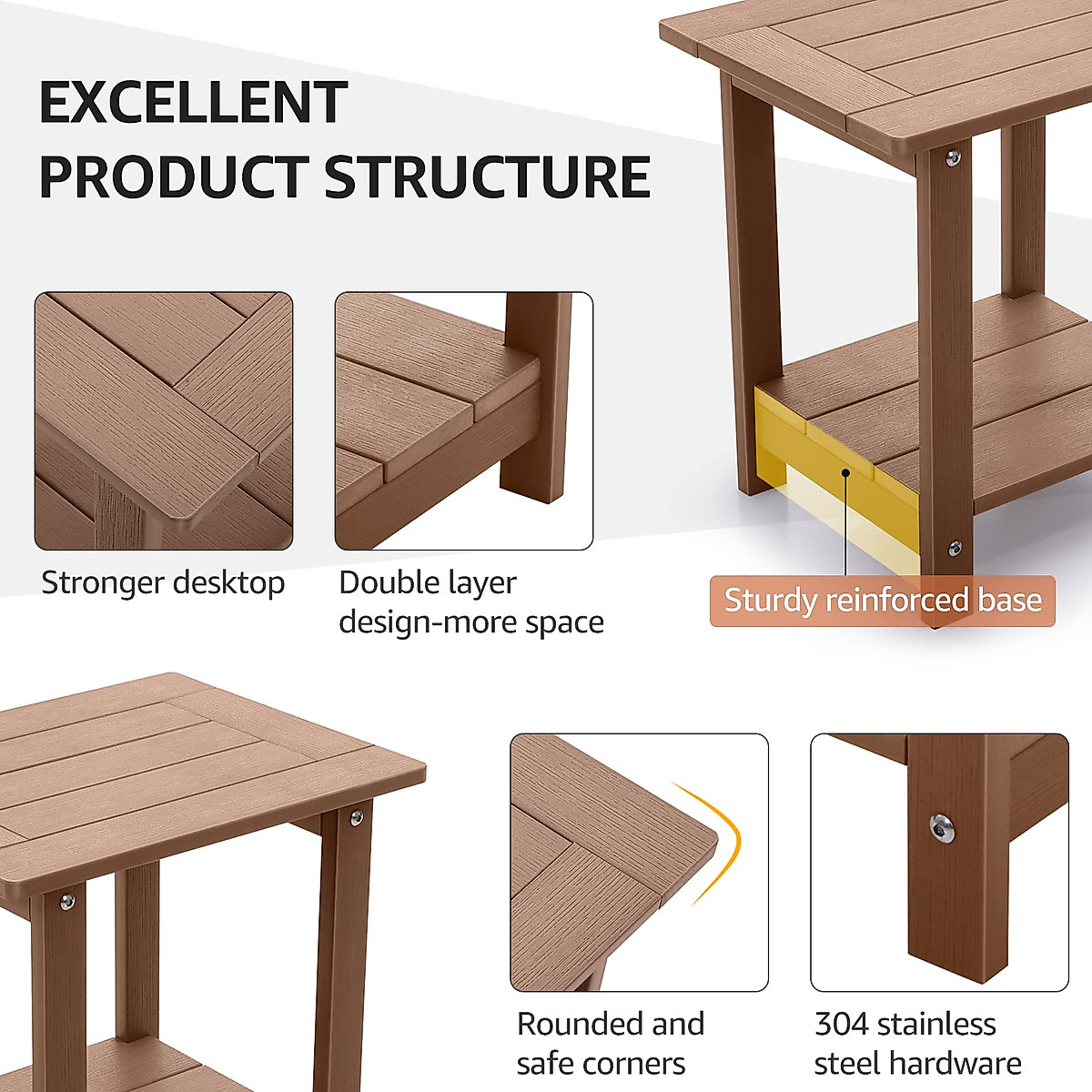 juserox Outdoor Side Table, Weather Resistant Double Small Adirondack Side Table, Outdoor/Indoor End Table for Adirondack Chair, 17" Patio Table for Pool, Deck and Porch, Teak