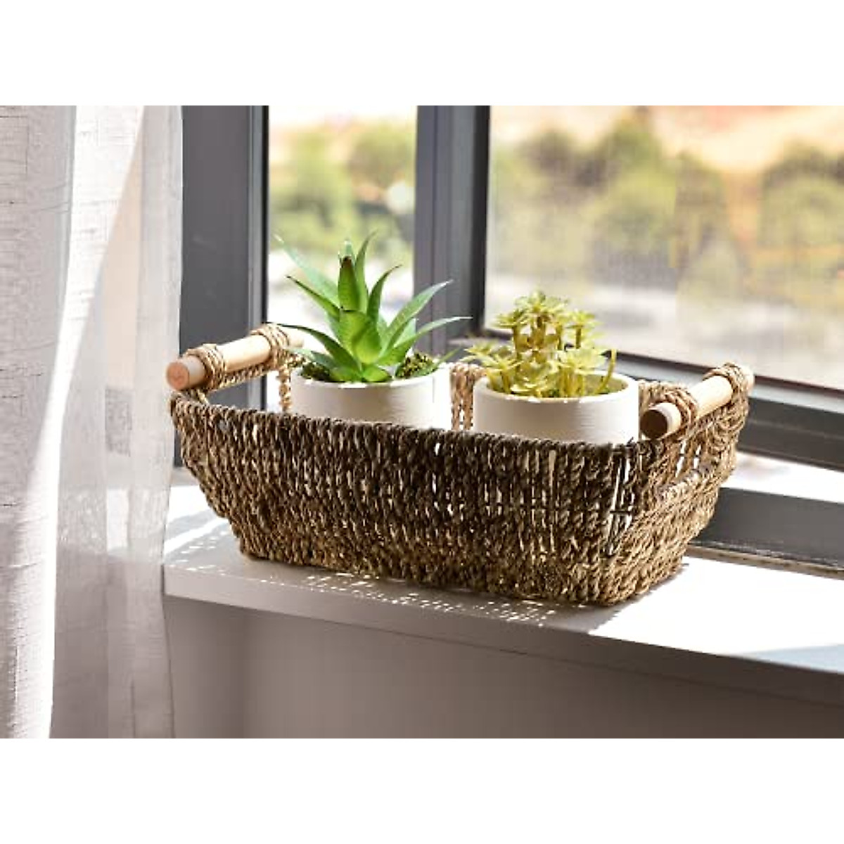 StorageWorks Small Wicker Baskets, Handwoven Baskets for Storage, Seagrass Rattan Baskets with Wooden Handles, 2-Pack