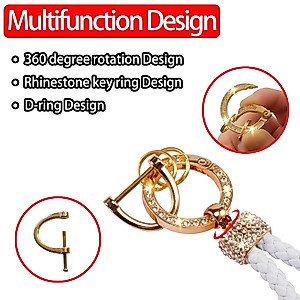 Worcas Car Keychain With Bling Rhinestones,eather Woven Keychain with anti loss telephone number plate,360 Degree Rotatable Universal Key Fob Keychain for all Cars(White-Gold)