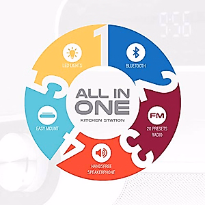 Tyler Bluetooth Under The Cabinet Universal Wireless Music System, Kitchen Clock Radio, FM Radio, Digital Clock, Hands Free Speakerphone with Microphone, LED Work Surface Lighting, White (TKS1WH)