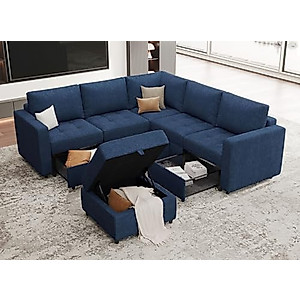 Belffin Oversized Modular Sectional Sofa Fabric L Shape Pull Out Couch with Ottoman Sleeper Sectional Couch with Chaise and Storage Sectional Set 6 Seater Sofa Reversible Sofa for Living Room Blue