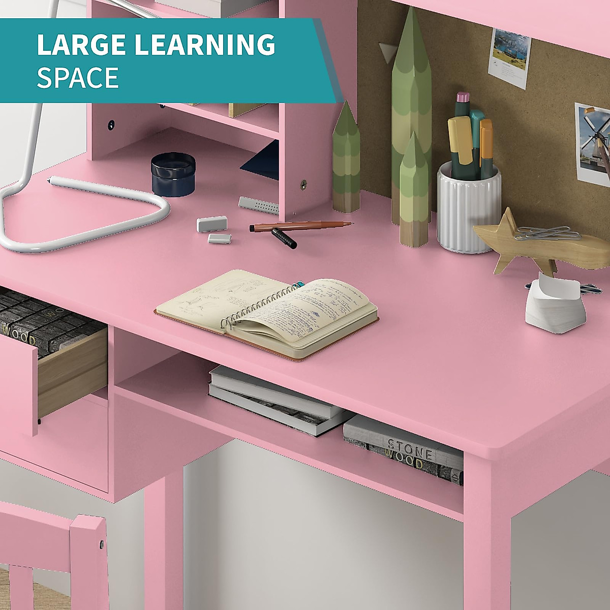 BALUS Kids Desk & Chair Set, Children’s Desk for Bedroom with Drawer for Storage, Kids Craft Table, Study Table for Writing Reading Painting for Boys Girls 7-14 Year Old - Pink