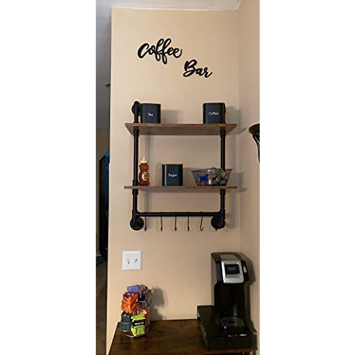 MAIKAILUN Industrial Pipe Shelving, Iron Pipe Shelves Bathroom Shelves with Towel bar, Rustic Metal Pipe Floating Shelves, Pipe Shelf Wall Mounted with Hooks for Coffee Bar Kitchen(24" 2 Tiers)