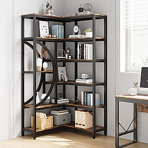 Knowfunn Industrial Corner Bookshelf with 6 Tier, L-Shaped Modern Bookcase, Large Corner Storage Rack, Wooden Corner Display Shelf for Home, Office, Living Room, Bedroom - Rustic Brown