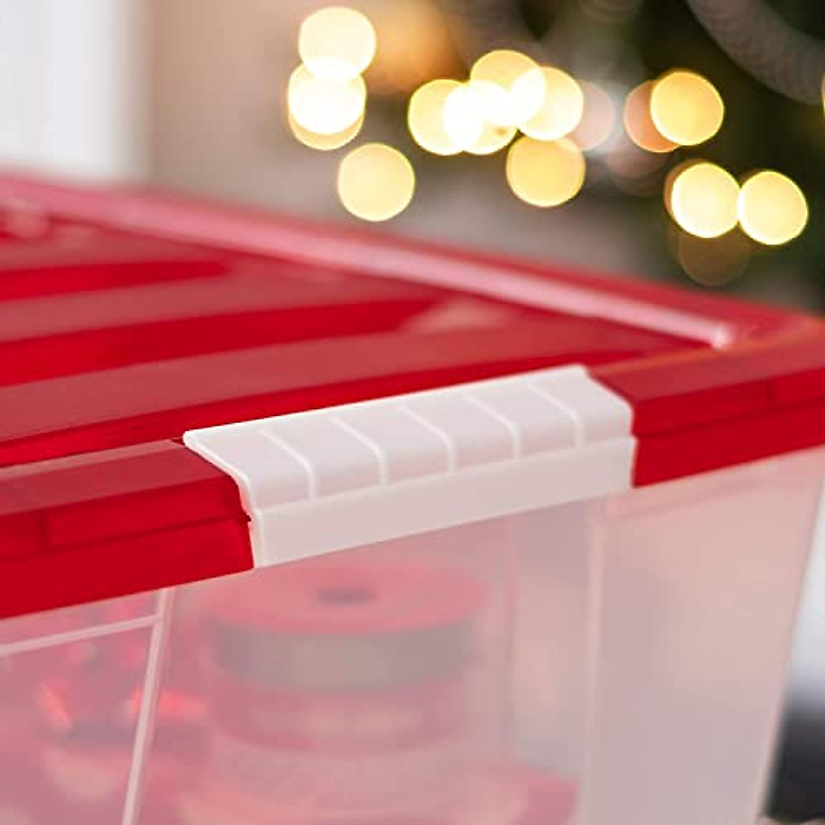 IRIS USA 54 Qt. Holiday Storage Bin with Lid, 4-pack, Stackable Holiday Storage Container with Lid and Latching Buckles for Holiday Decorations Accessories and Supplies, Clear/Red