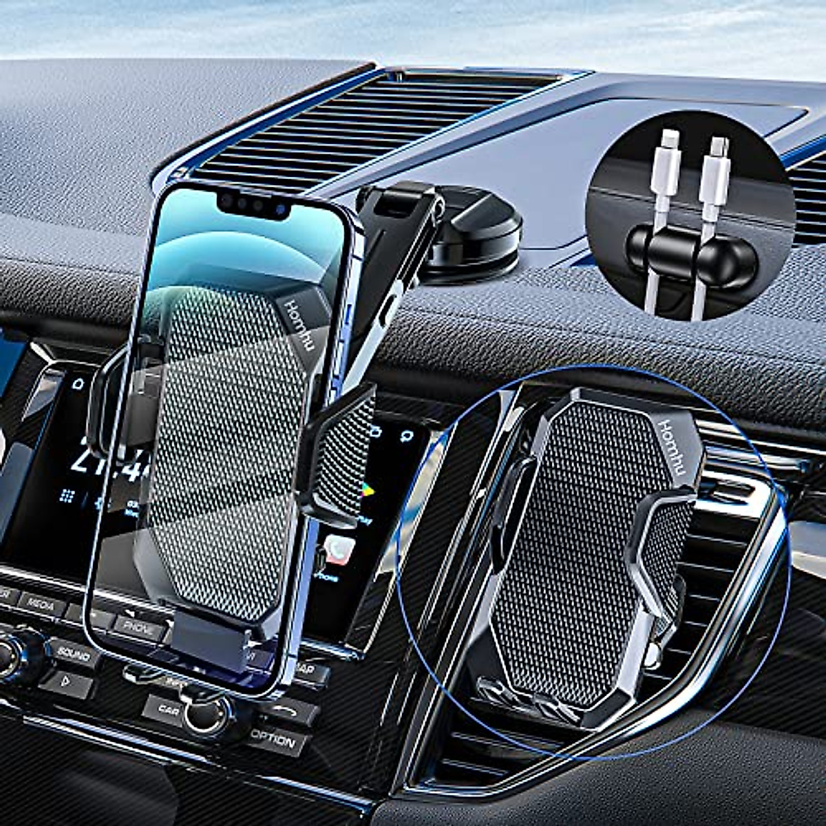 Homhu Phone Mount for Car [Off-Road Super Suction ] Universal Holder 4in1,Long Arm Cup Holder,Dashboard Windshield Vent Compatible with iPhone Samsung All Smartphones, Black, (HZ001)