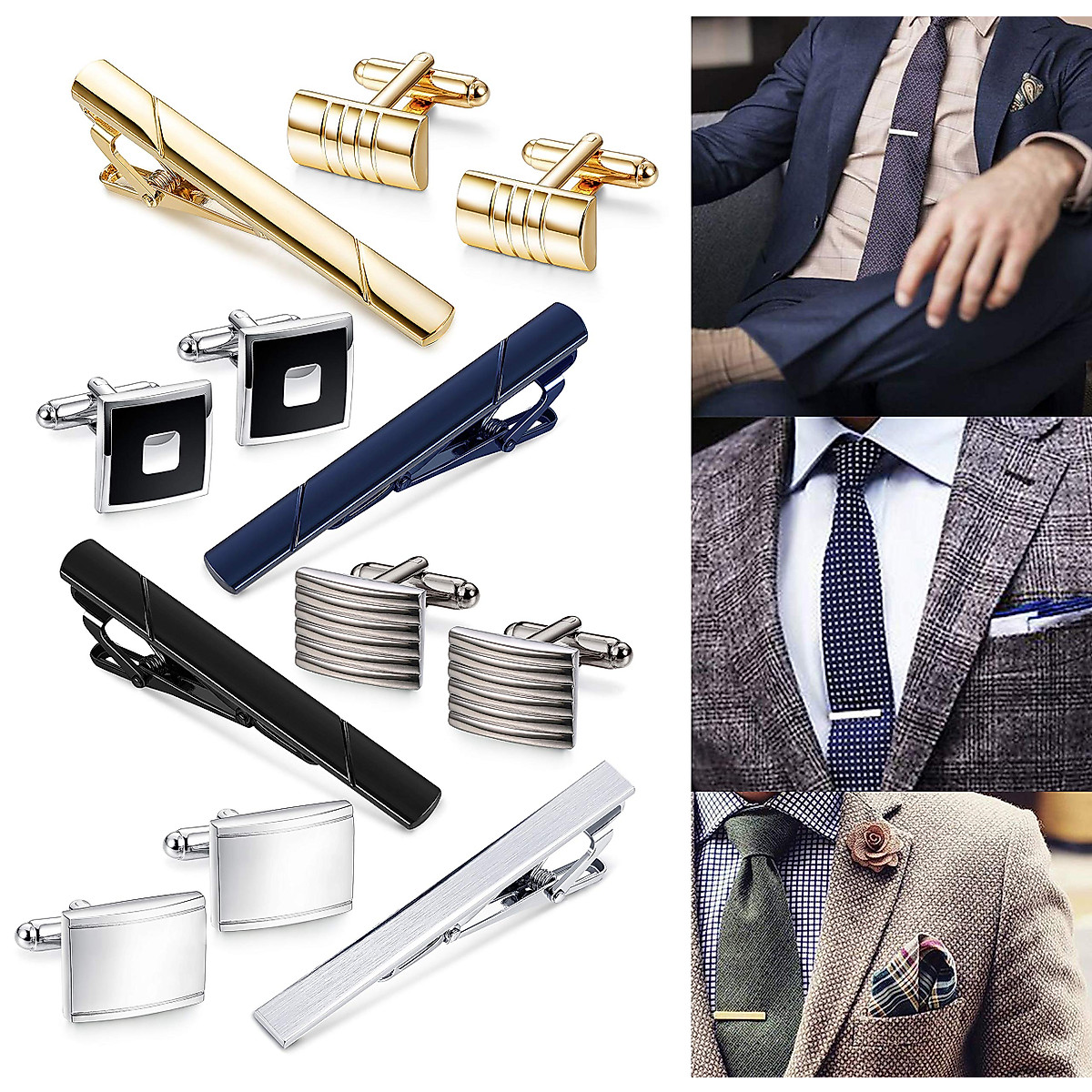 FIBO STEEL Mens Cufflink and Tie Clip Set for Men Business Wedding Birthday with Black Box