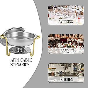 Restlrious Chafing Dish Buffet Set 4 Pack Stainless Steel Round Chafers and Buffet Warmers Set with Glass Lid in Gold Accents, 5QT Complete Set for Buffet Catering w/Water and Food Pan, Fuel Holder