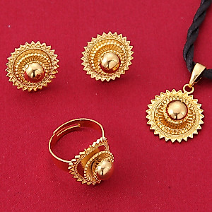 Huangshanshan Necklace Pendants Earrings Ring Set Gold Filled Plated Jewelry African Ethiopia Flower Jewelry Set