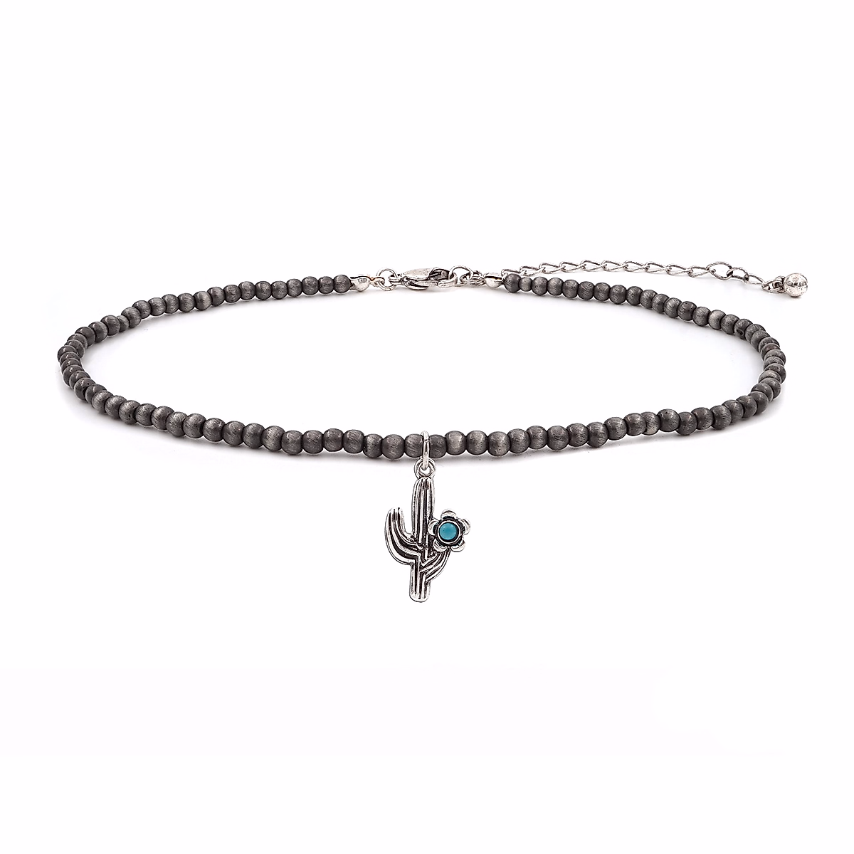 Turquoise Stone Silvertone Prickly Pear Cactus Pendant Faux Navajo Pearl Choker Necklace 12 Inch