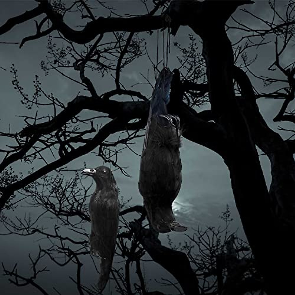 Lewtemi 2 Pcs 17 Inches Realistic Hanging Dead Crows Decoy Lifesize Black Feathered Crow Fake Black Crows for Garden Halloween Decorations