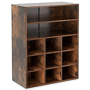 HAIOOU Shoe Cubby, 9-Cube Stackable Wood Shoe Rack Organizer 5-Tier Freestanding Wooden Shoe Stand with 2 Storage Shelf for 10-15 Pairs, Ideal for Apartment Entryway Closet Organization - Rustic Brown