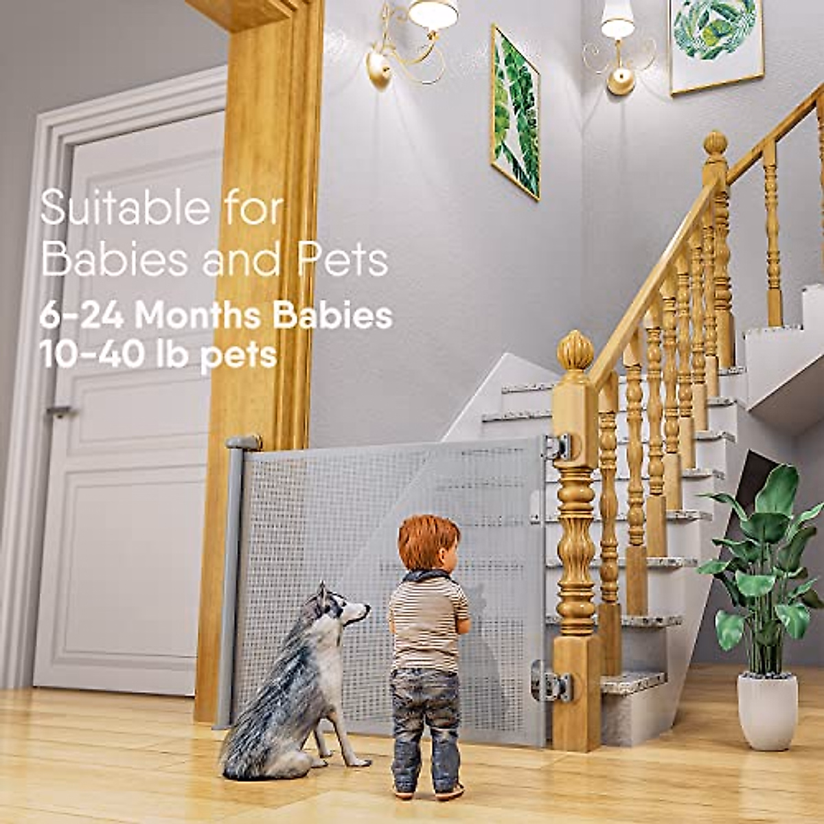 Punch-Free Retractable Baby Gates, BabyBond 33 * 71 inches Extra Wide Baby Gate for Stairs Suitable for Kids or Pets Indoor and Outdoor Dog Gates for Doorways, Stairs, Hallways, Grey