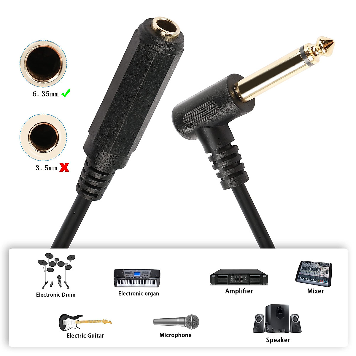 PNGKNYOCN Right Angle 1/4 TS Guitar Cable 90 Degree 6.35mm Mono Male to Female Extension Cable for Amplifiers,Guitars,Pianos,Home Theater Equipment Etc. （50cm）