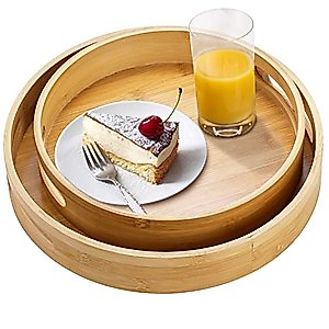 Jucoan 2 Pack Round Bamboo Wood Serving Tray with Handle, 10 &12 Inch Coffee Tea Serving Tray, Breakfast Food Drink Platter for Ottoman Table Kitchen