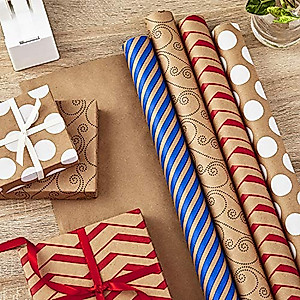 Hallmark Wrapping Paper Bundle - Kraft Brown with Red, Blue, White, Black Designs (Pack of 4, 88 sq. ft. ttl.) for Christmas, Birthdays, Father's Day, Kids Crafts, Care Packages, Handmade Banners