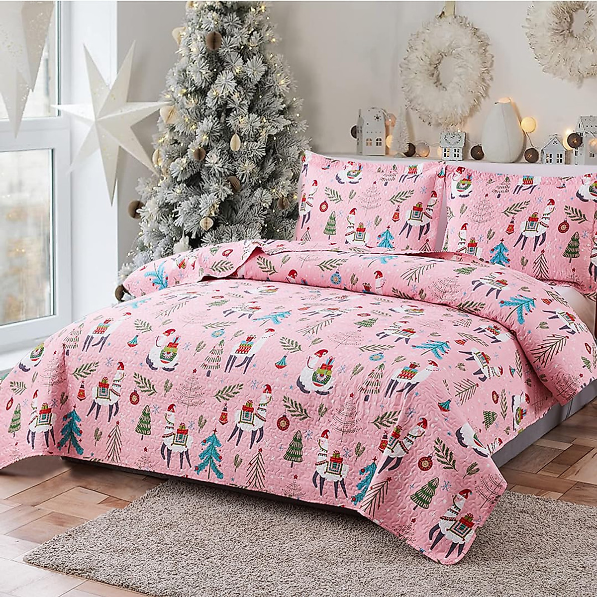 Christmas Bedspread Coverlets Twin Size Girls Quilt Set Xmas Pink Alpaca Bedding Kids Lightweight Bedspread Reversible Quilts Christmas Holiday Bed Cover Set，1 Quilt and 2 Pillow Shams