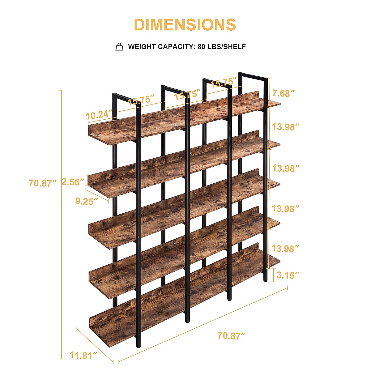 GNIXUU Triple Wide Bookshelf 5-Tier, Industrial Display Bookcase with Metal Frame, Tall Open Storage Book Shelves for Bedroom Living Room Office (Rustic Brown)