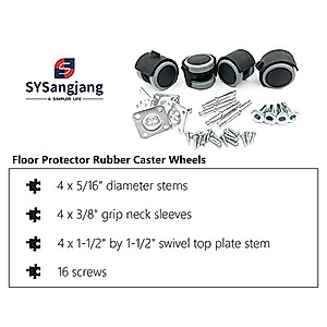 SYSanjang SYTX-324 2" (Set of 4) Floor Protector Rubber Caster Wheels (5/16 Inch Stem/Top Plate Mounting Options)