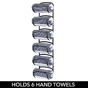 mDesign Steel Towel Holder for Bathroom Wall - Wall Mounted Organizer for Rolled Towels and Bath Robes - Six Level Wall Mount Towel Storage Rack - Bathroom Towel Organizer - Hyde Collection - Black