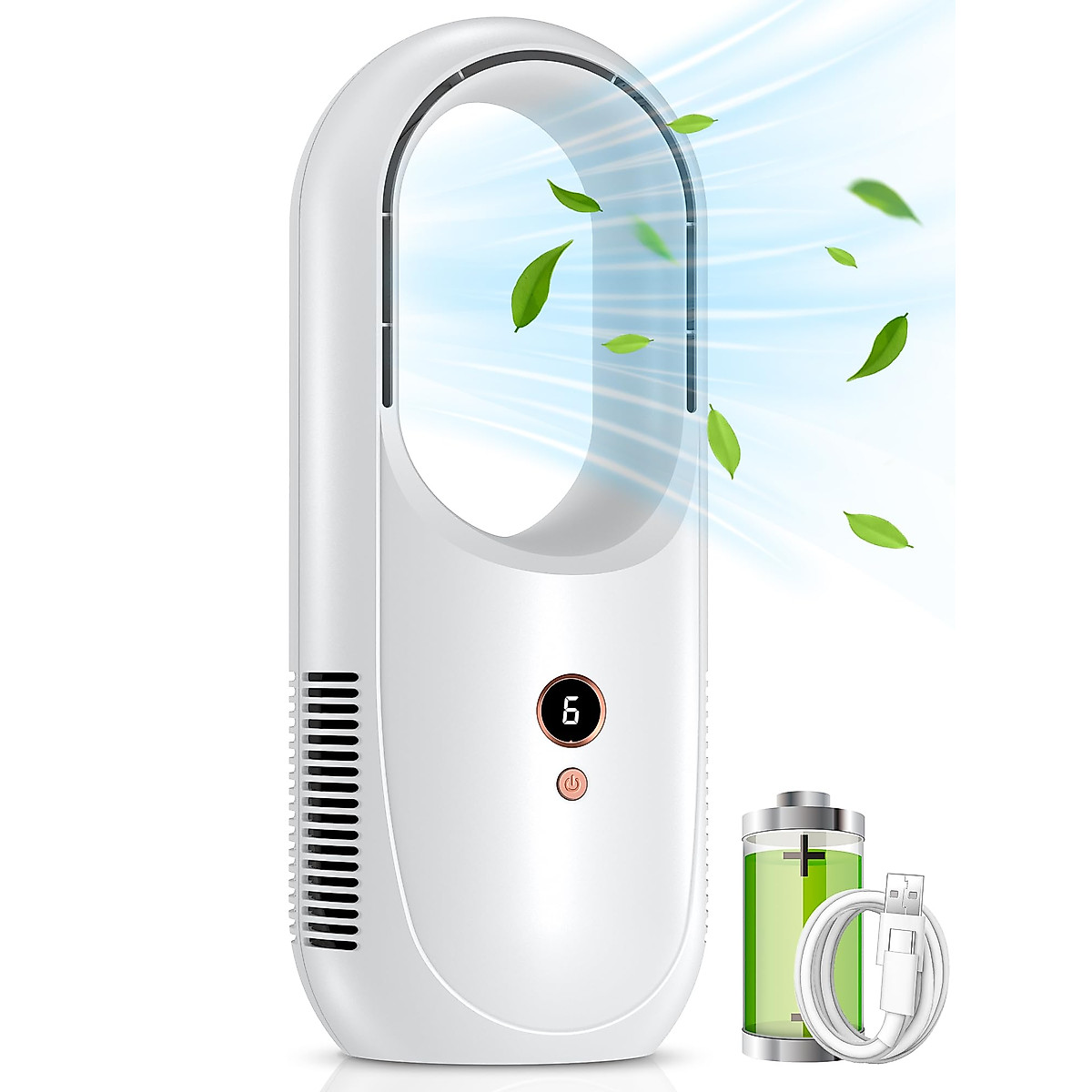 RELEXNOW 13.8" Bladeless Desk Fan - 6 Speed Modes, Small Bladelss rechargeable fan with 6000mAh Battery, Quite Office fan, Easy to Clean & Touch Control, Desk Fan Small Quite for Office, Bedroom